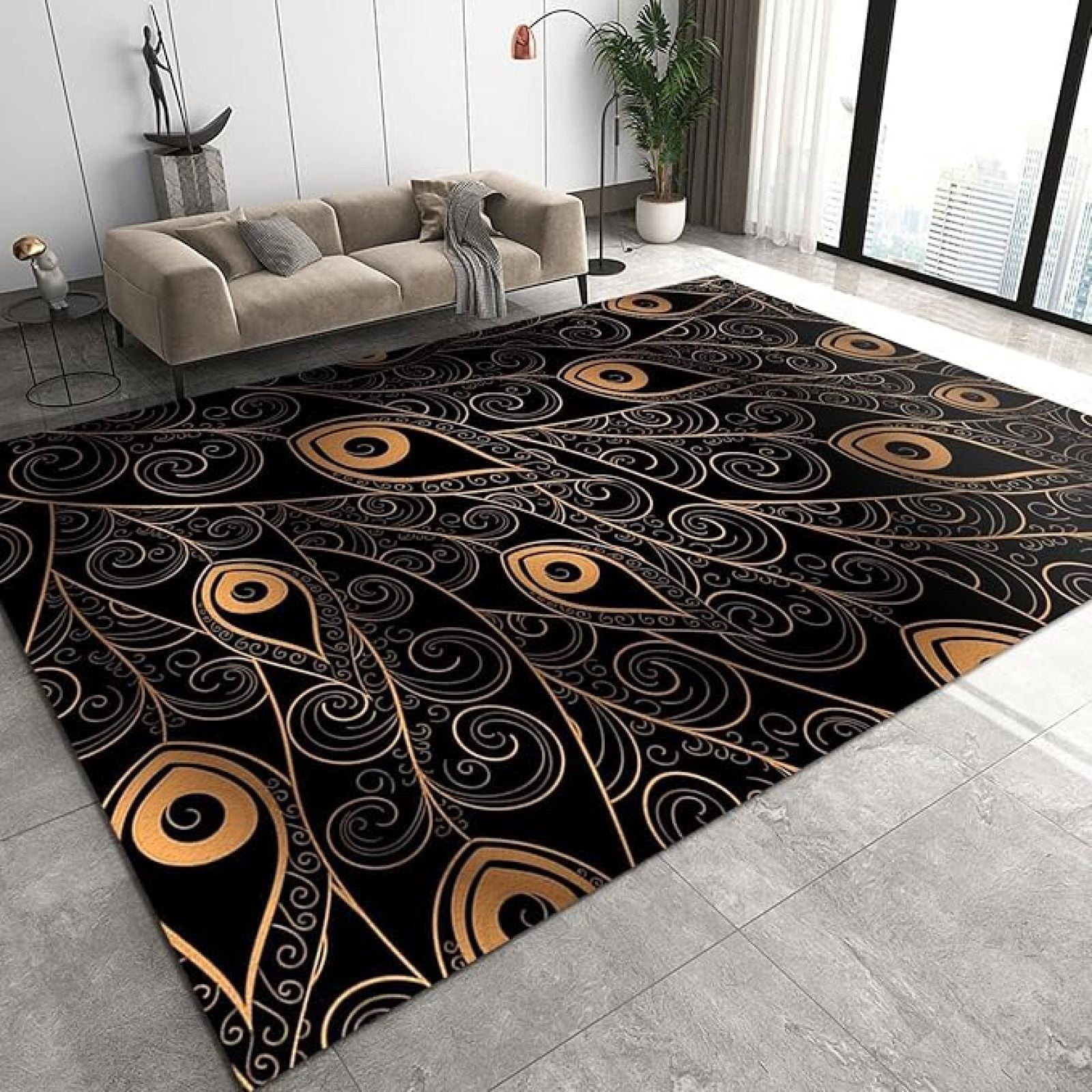 Golden Minimalist Feather Art Area Rug, Black Gold Abstract Art Easy ...