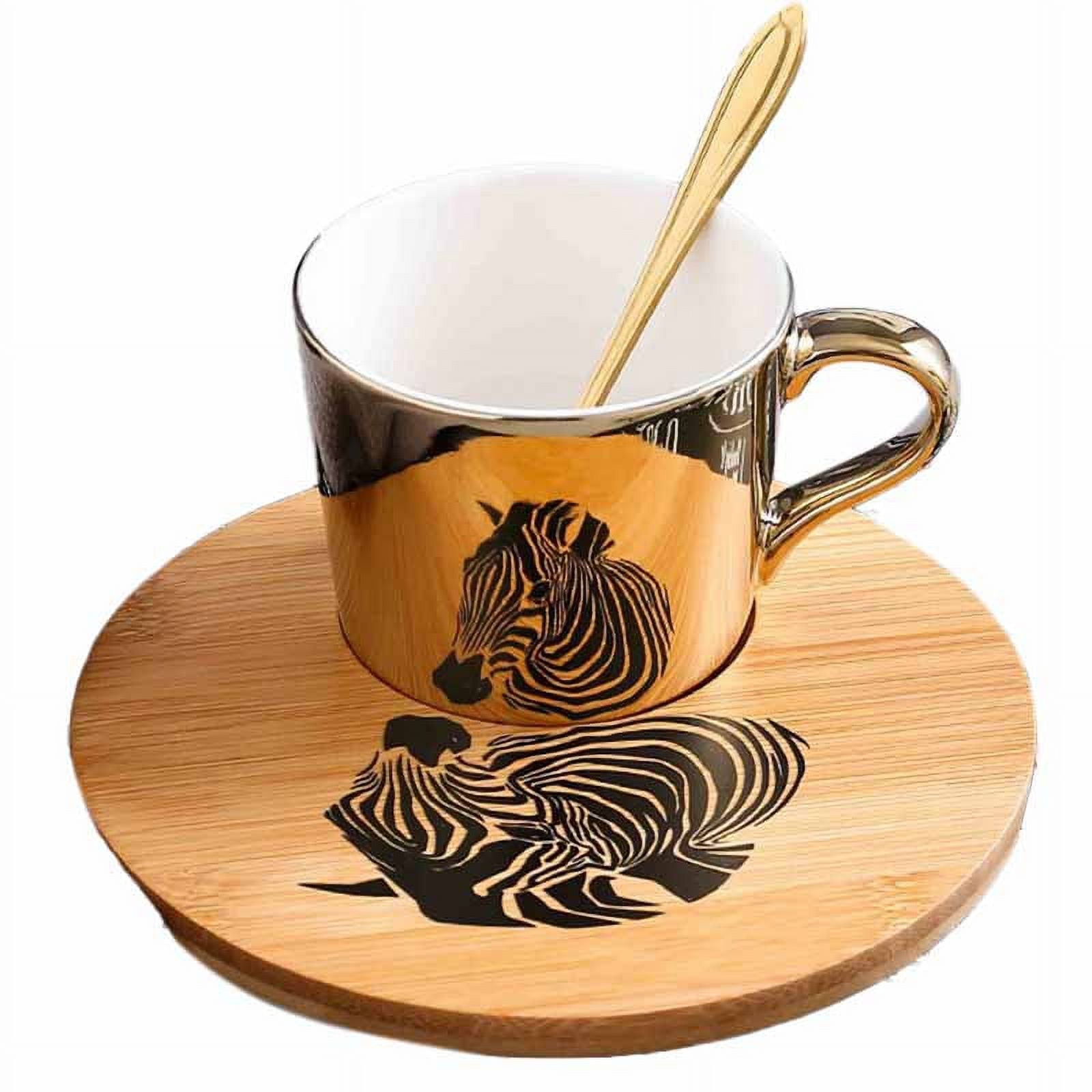 Golden Mirror Reflection Cup and Wooden Saucer Coffee Breakfast Milk ...