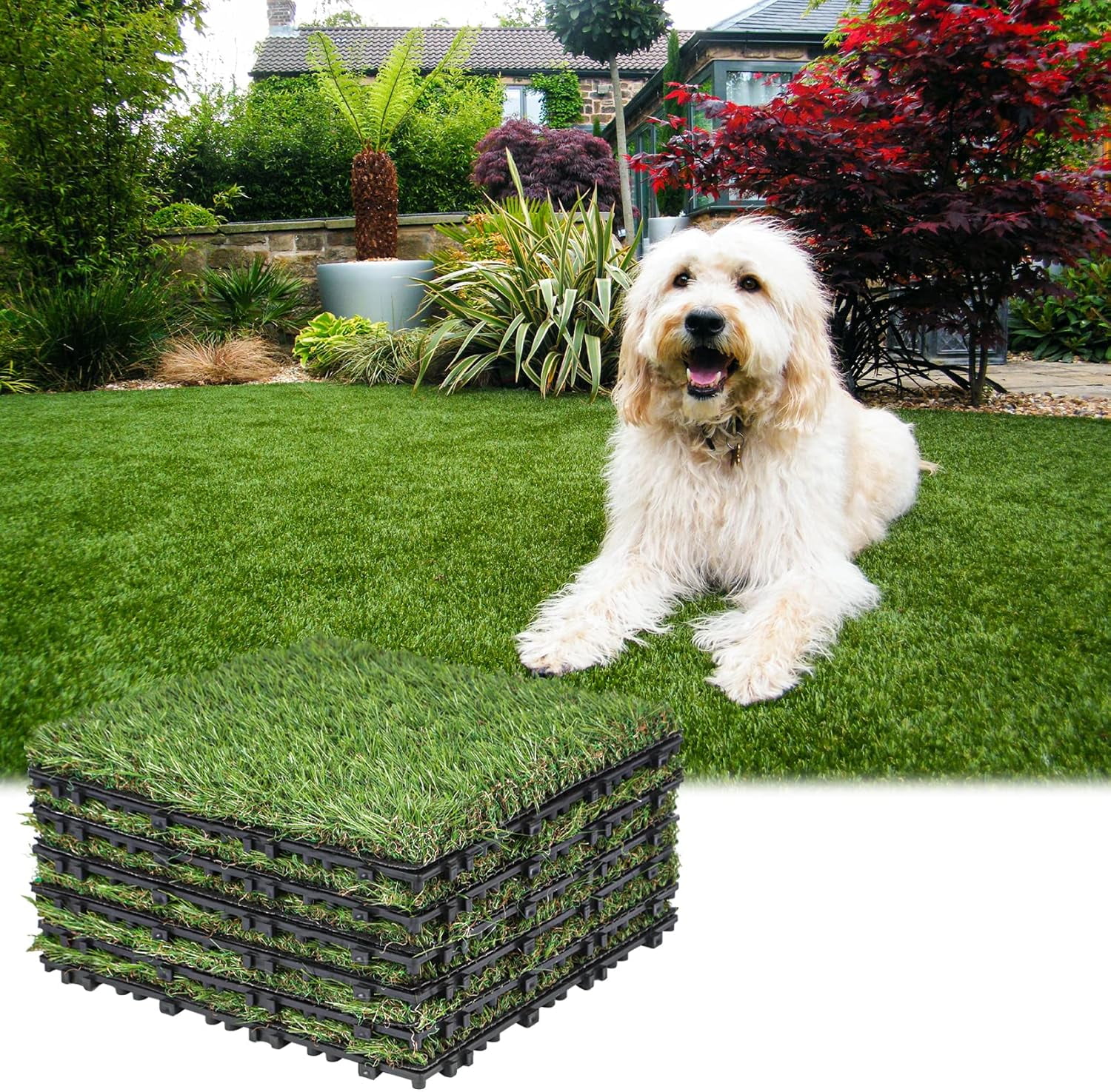 Golden Moon Artificial Grass Turf Tiles, 9-Count Outdoor Rug, Green ...