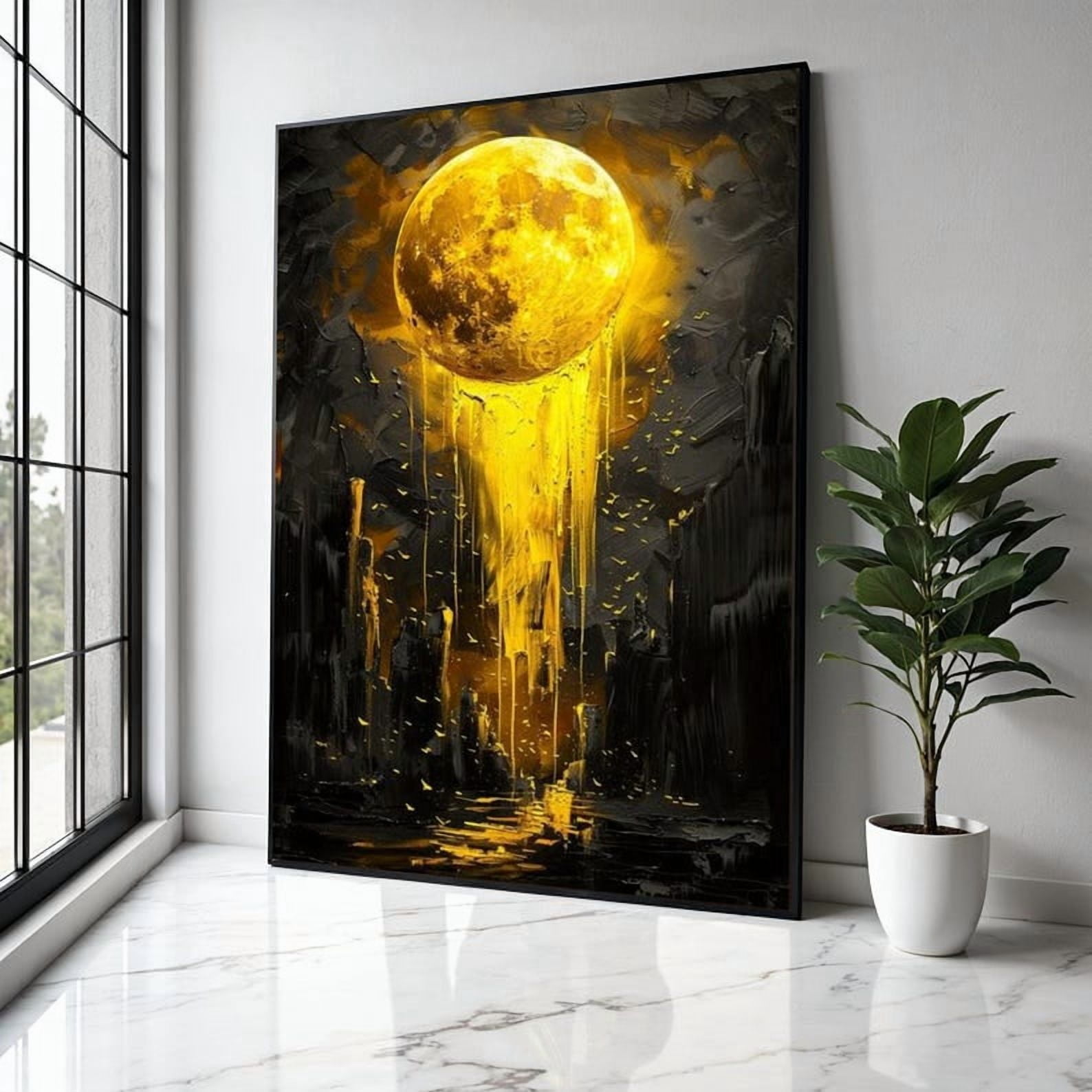 Golden Moon Drip Canvas, Abstract Lunar Wall Art, Modern Yellow Night ...