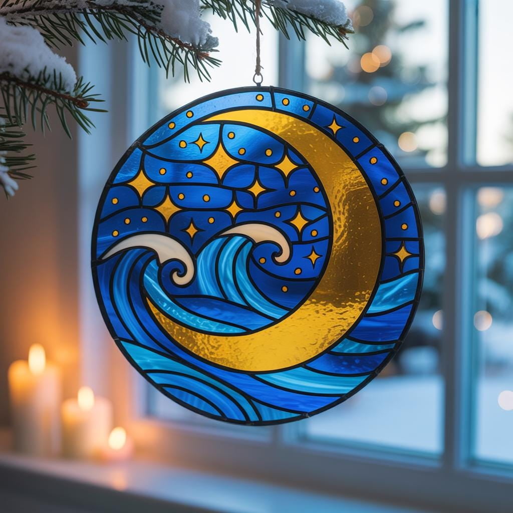 Golden Moon Ocean Acrylic Suncatcher Crescent Wave Hanging, Night-Sky ...