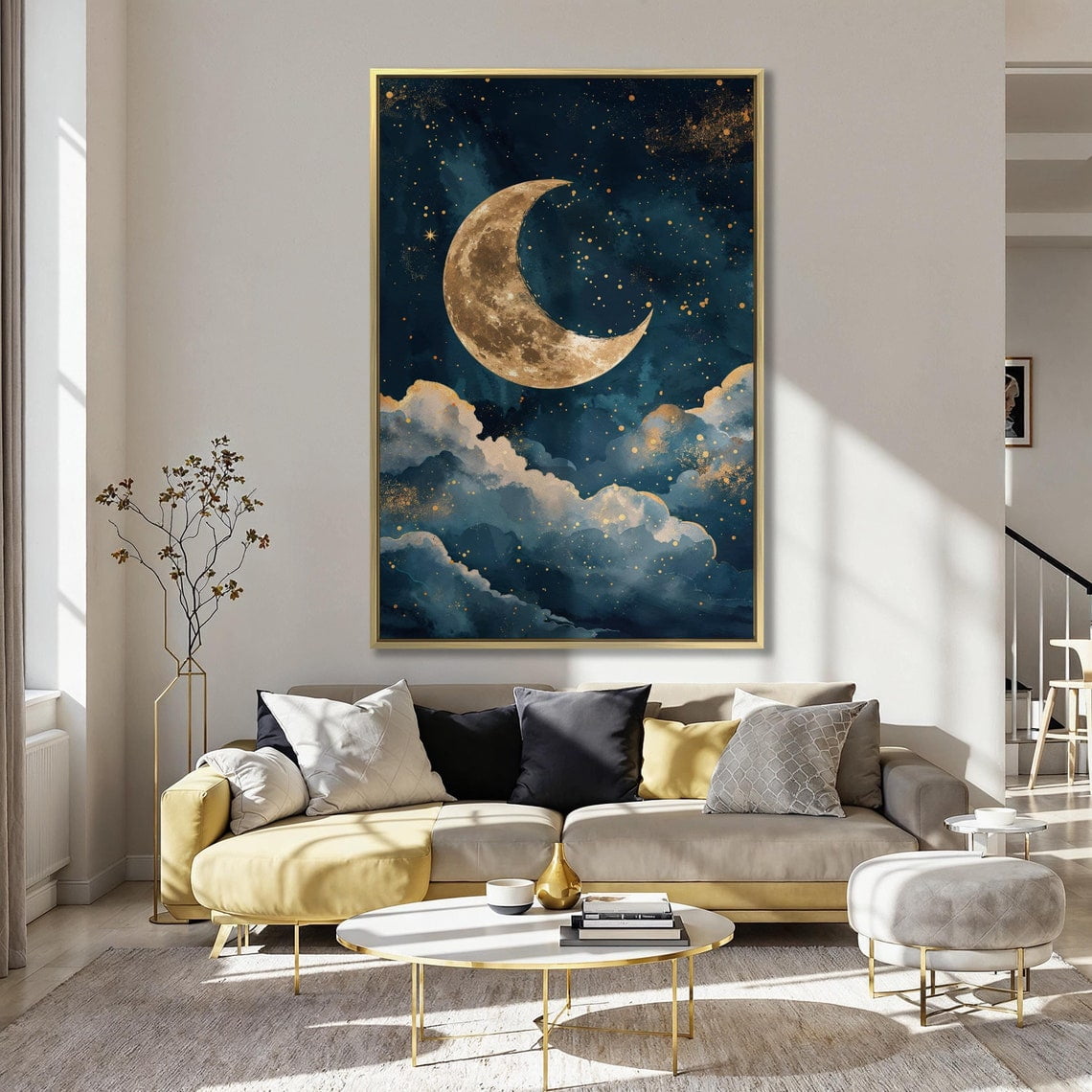 Golden Moon Poster: Mystical Starry Night Wall Art, Unframed Canvas ...