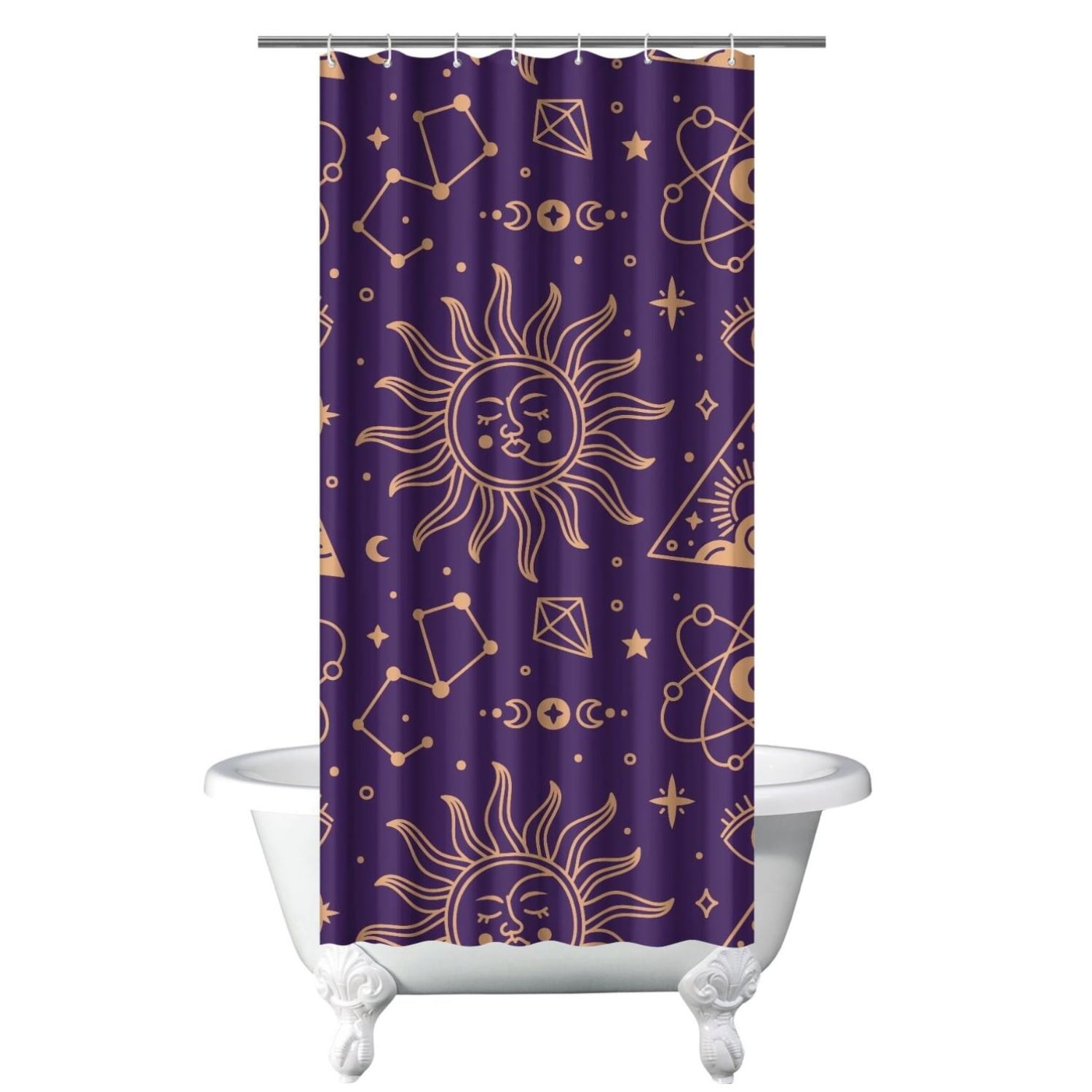 Golden Moon Sun Shower Curtain with Gothic Celestial Print, Night Star Cosmic Astrology Fabric ...