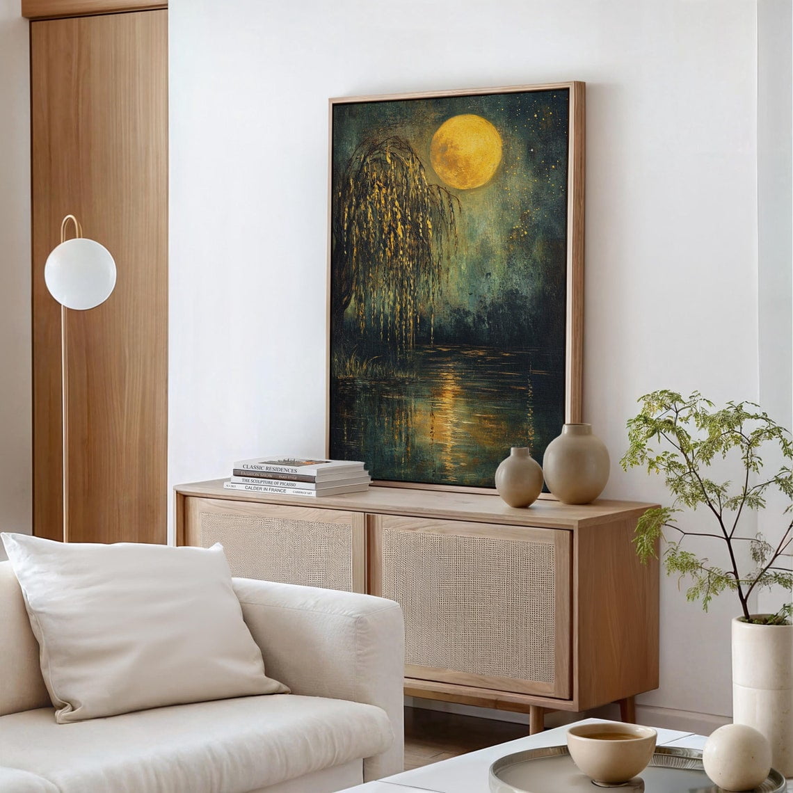 Golden Moonlit Willow Reflection: Mystical Night Scene Art With Serene Water And Glowing Tree ...