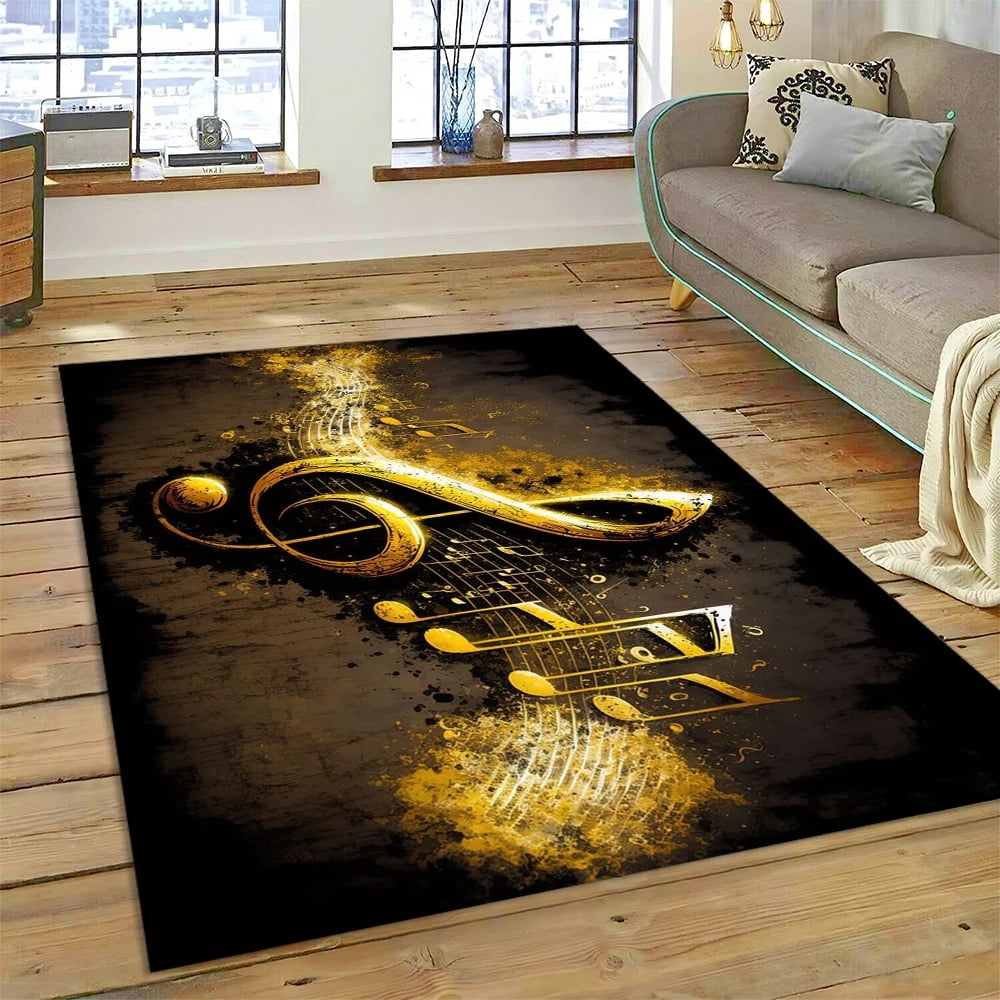 Golden Music Note Pattern Floor Rug Musical Theme Carpet Rock Style ...