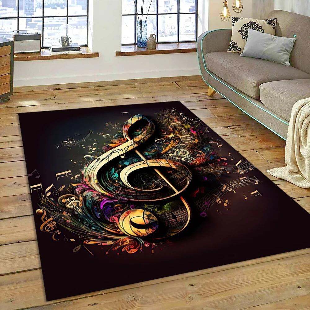 Golden Music Note Pattern Floor Rug Musical Theme Carpet Rock Style ...