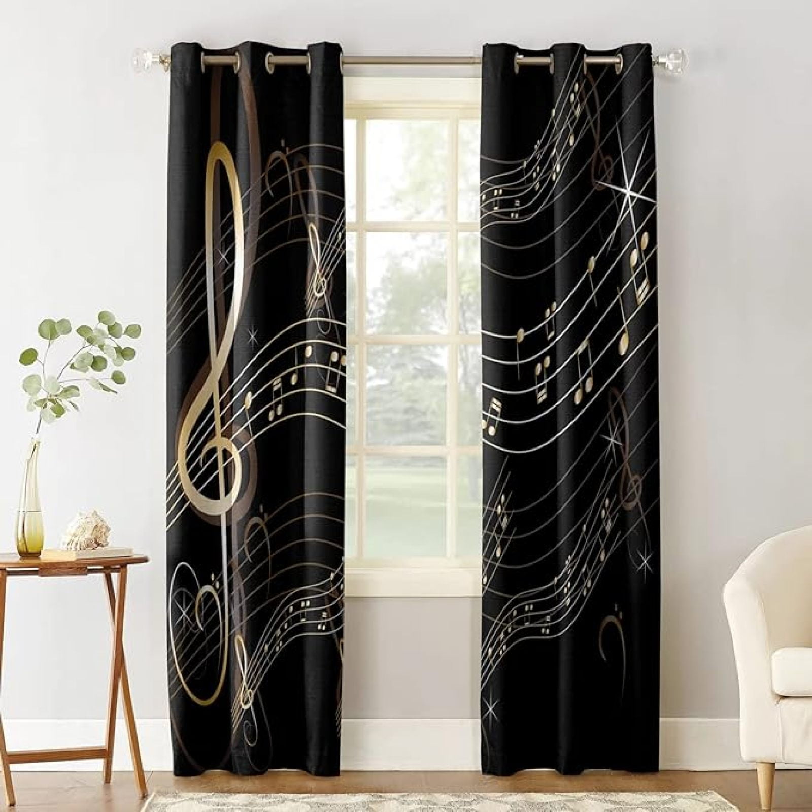 Golden Music Notes Blackout Curtains, 3D Black Background Print Window ...