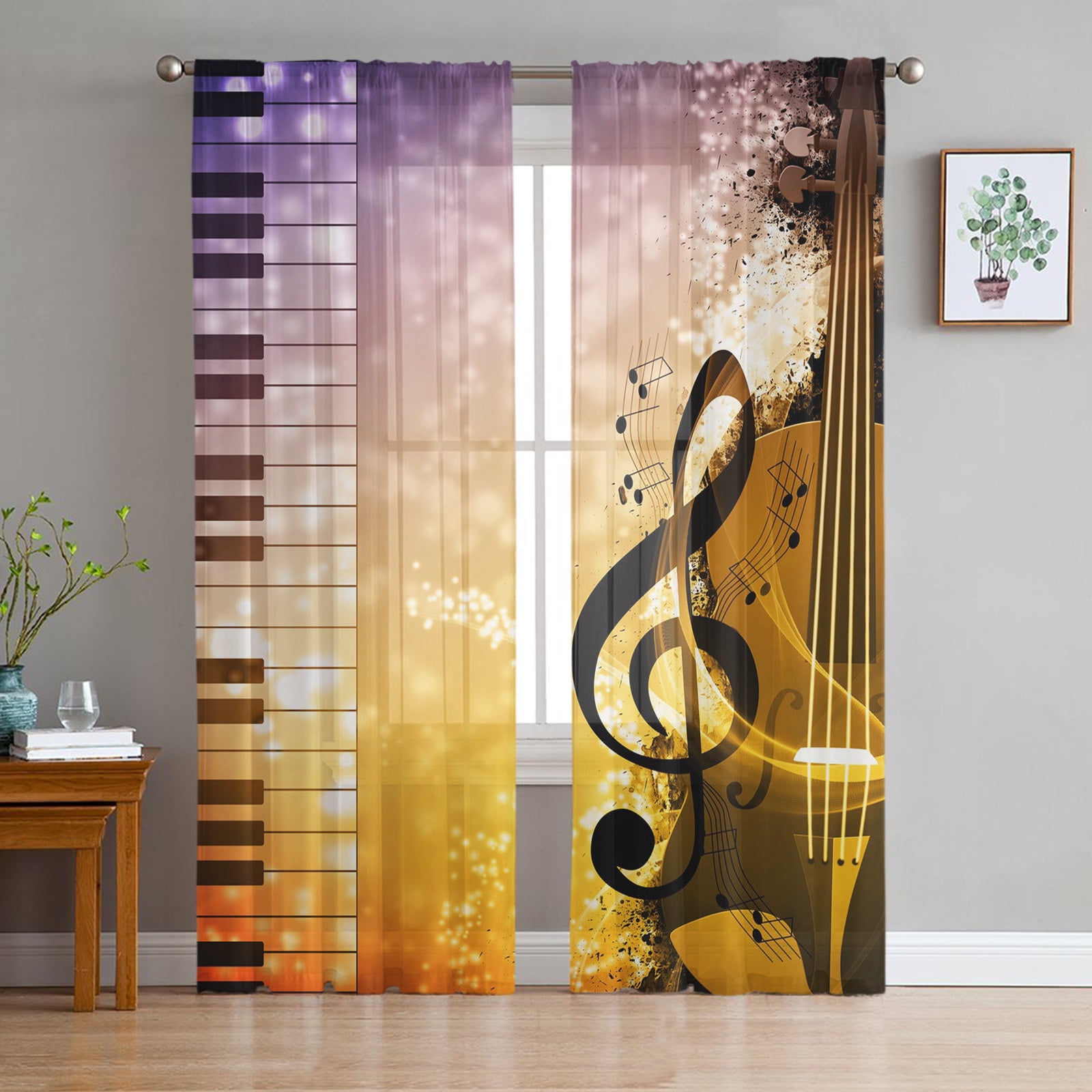 Golden Music Notes Sheer Curtains for Living Room Bedroom Kitchen Tulle ...
