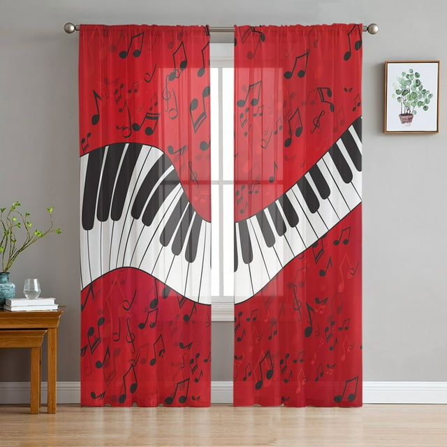 Golden Music Notes Sheer Curtains for Living Room Bedroom Kitchen Tulle ...