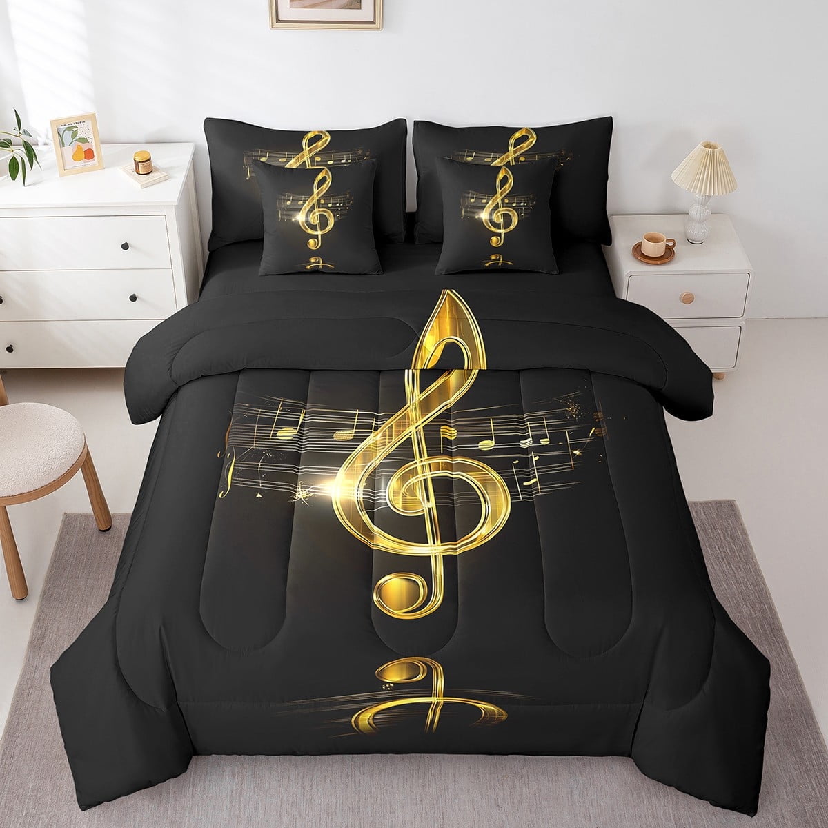 Golden Musical Notes Bed in a Bag Queen Comforter Set 7 Piece,Pop Music ...
