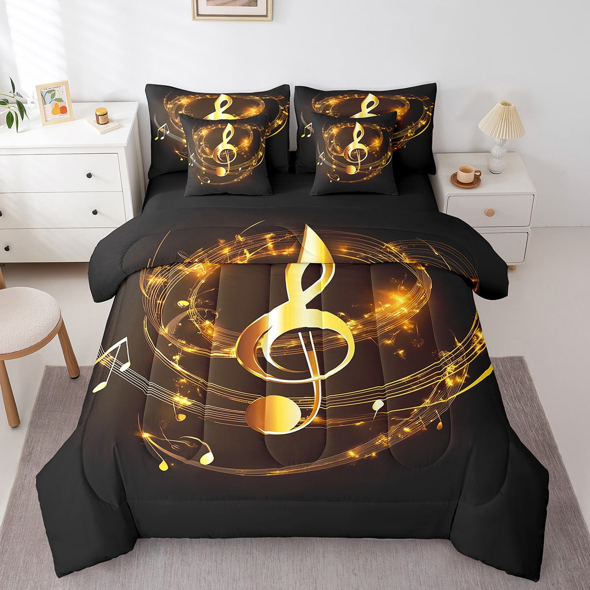 Golden Musical Notes Comforter Set 7 Piece Bed in a Bag Twin,Swirl ...