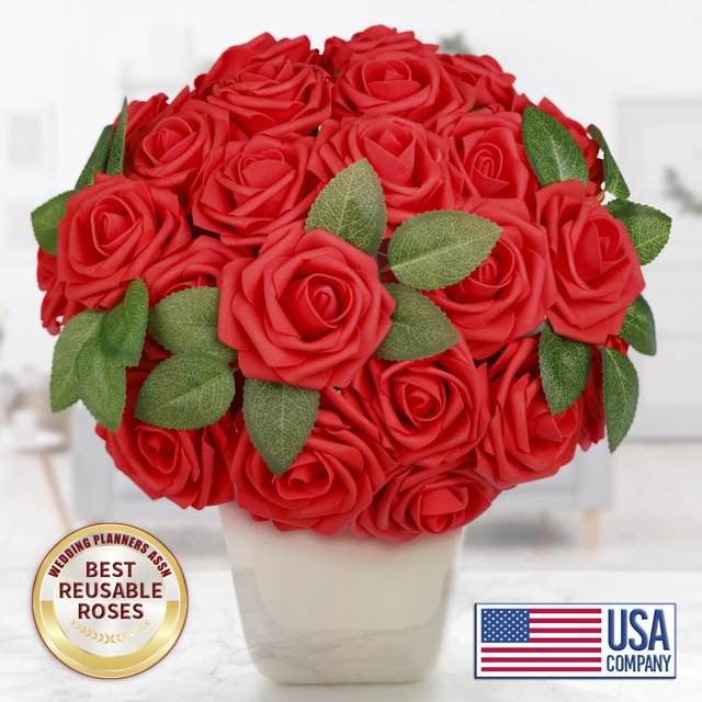 25 Folly Red 9.5" Artificial Roses W/ Stems - Award-Winning, Gorgeous ...