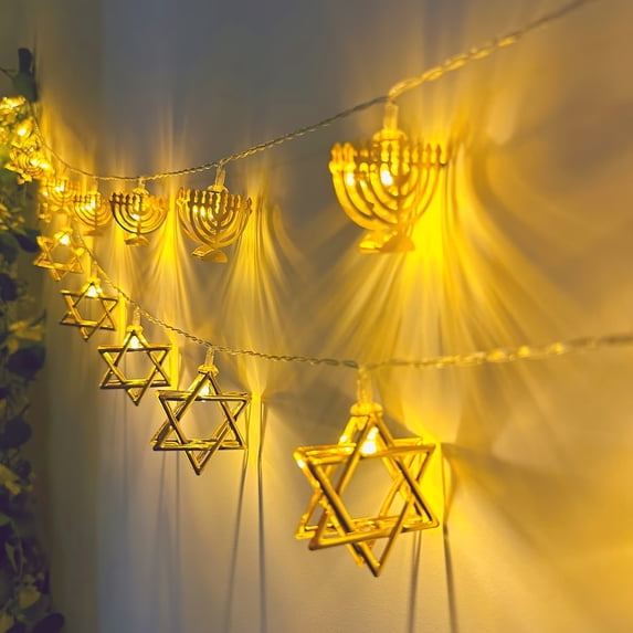 Golden Nine-Candle Menorah LED String Lights - Warm White Battery ...