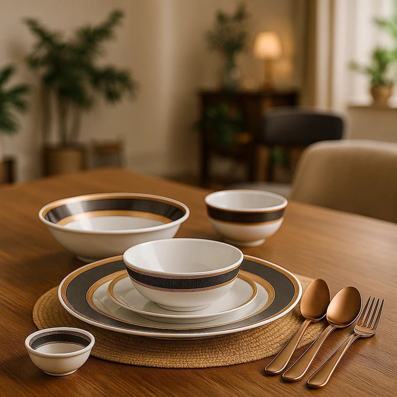 Aarvum Golden Noir Fine Porcelain with Gold Accents Dinner Set 33 Pcs ...