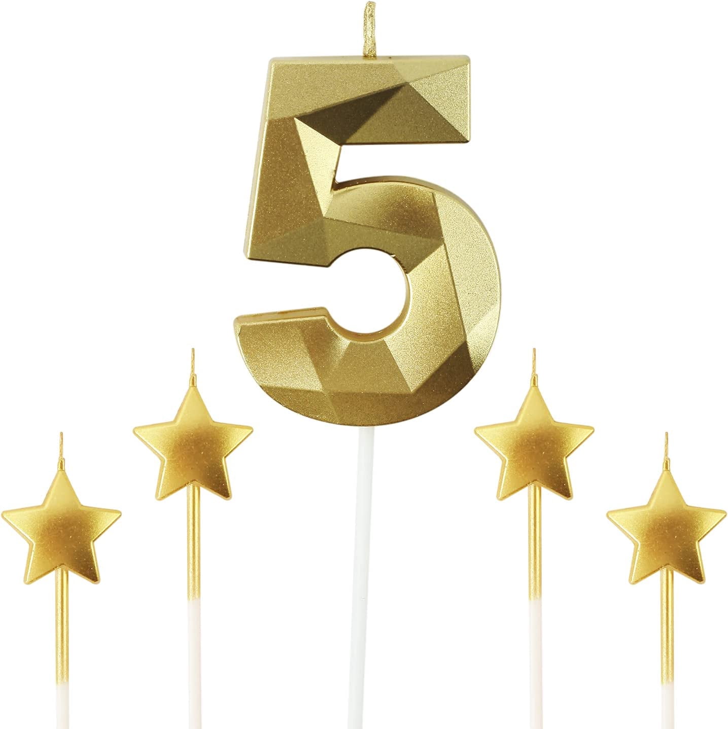 Golden Number 5 & 2.76 inch 3D Diamond Shaped Birthday Candles for ...