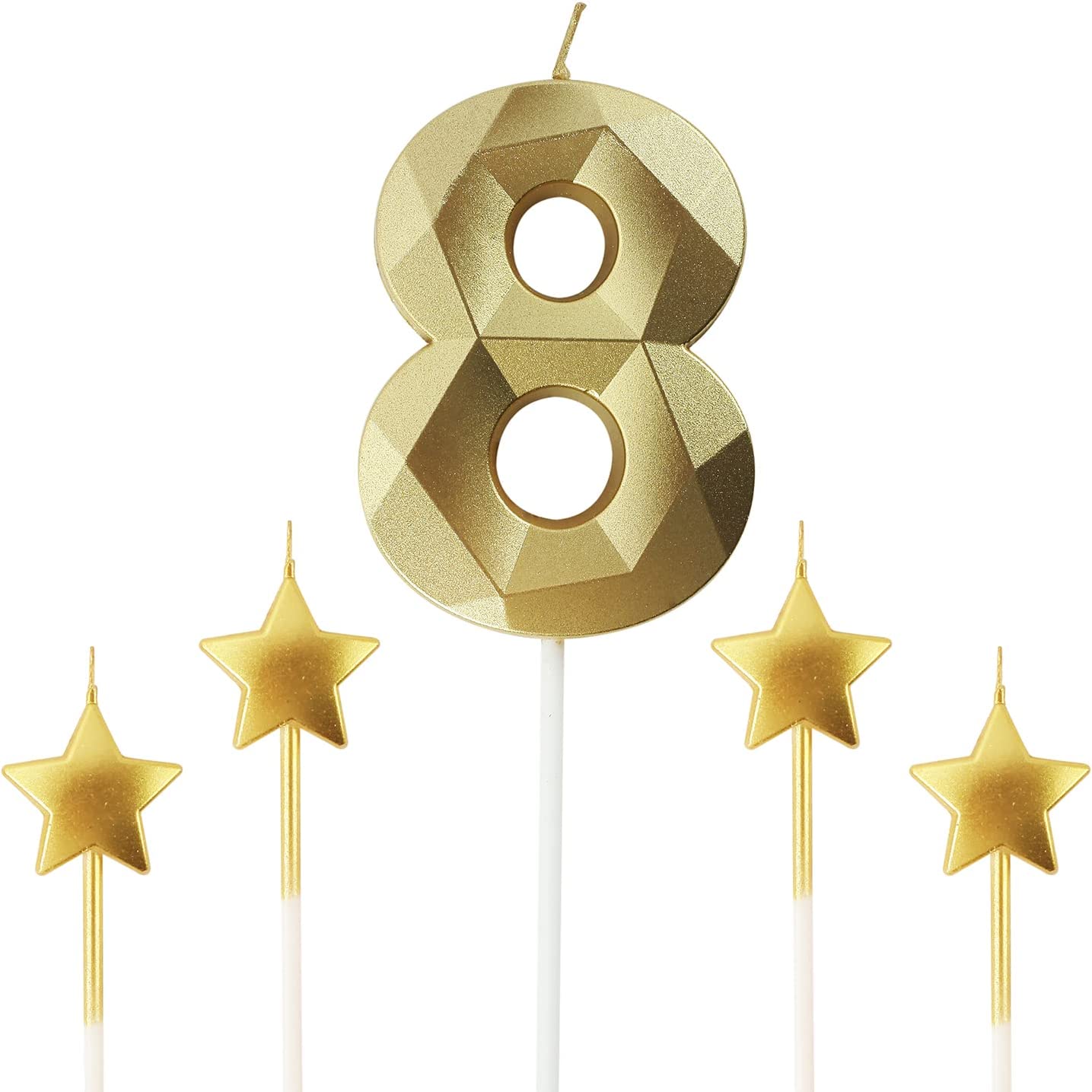 Golden Number 8 Birthday Candles and Star Birthday Candles 2.76 inch ...