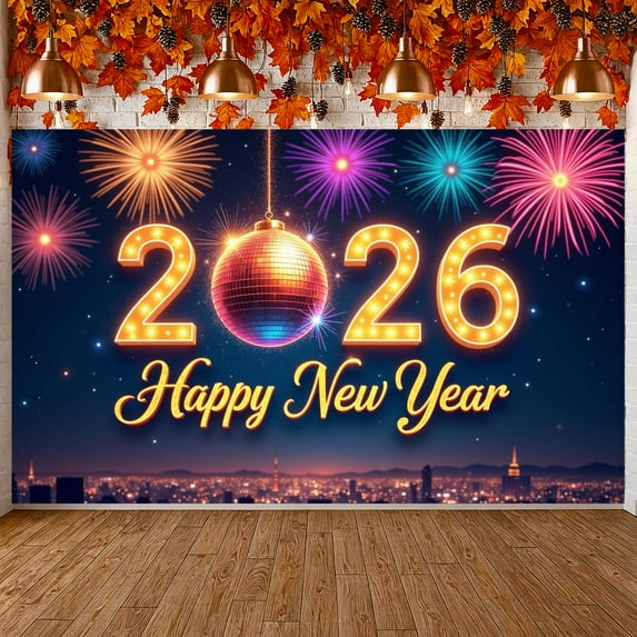 Golden Numerals New Year Banner Colorful Disco Ball 2026 Display ...