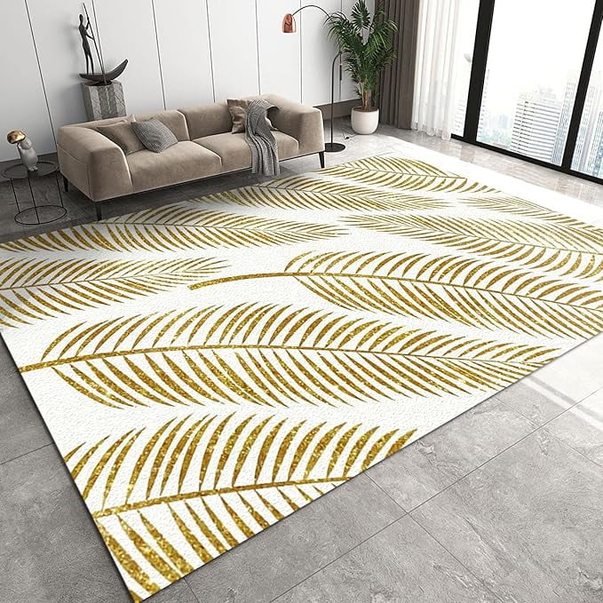 Golden Palm Leaf Large Area Rugs, Luxury Beige Tropical Plant Living ...