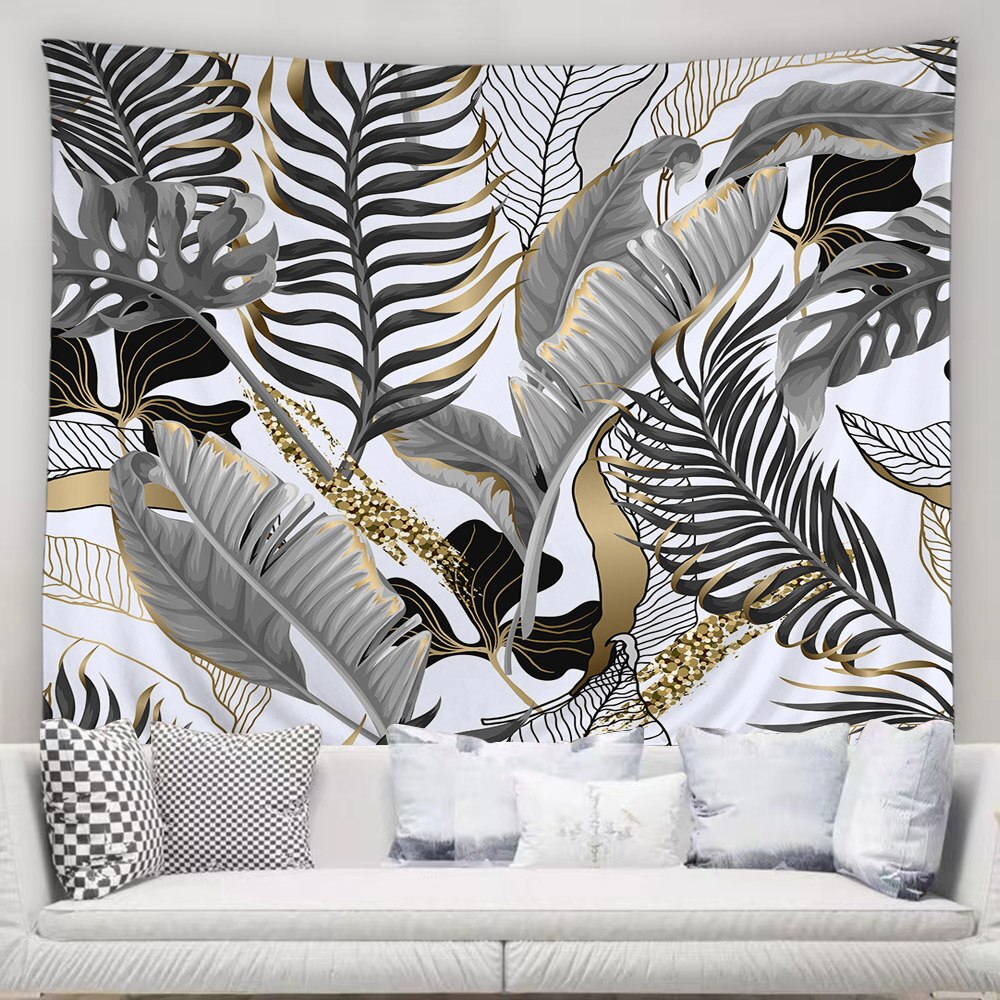 Golden Palm Leaf Tapestry Black Background Tropical Plant Turtleback ...