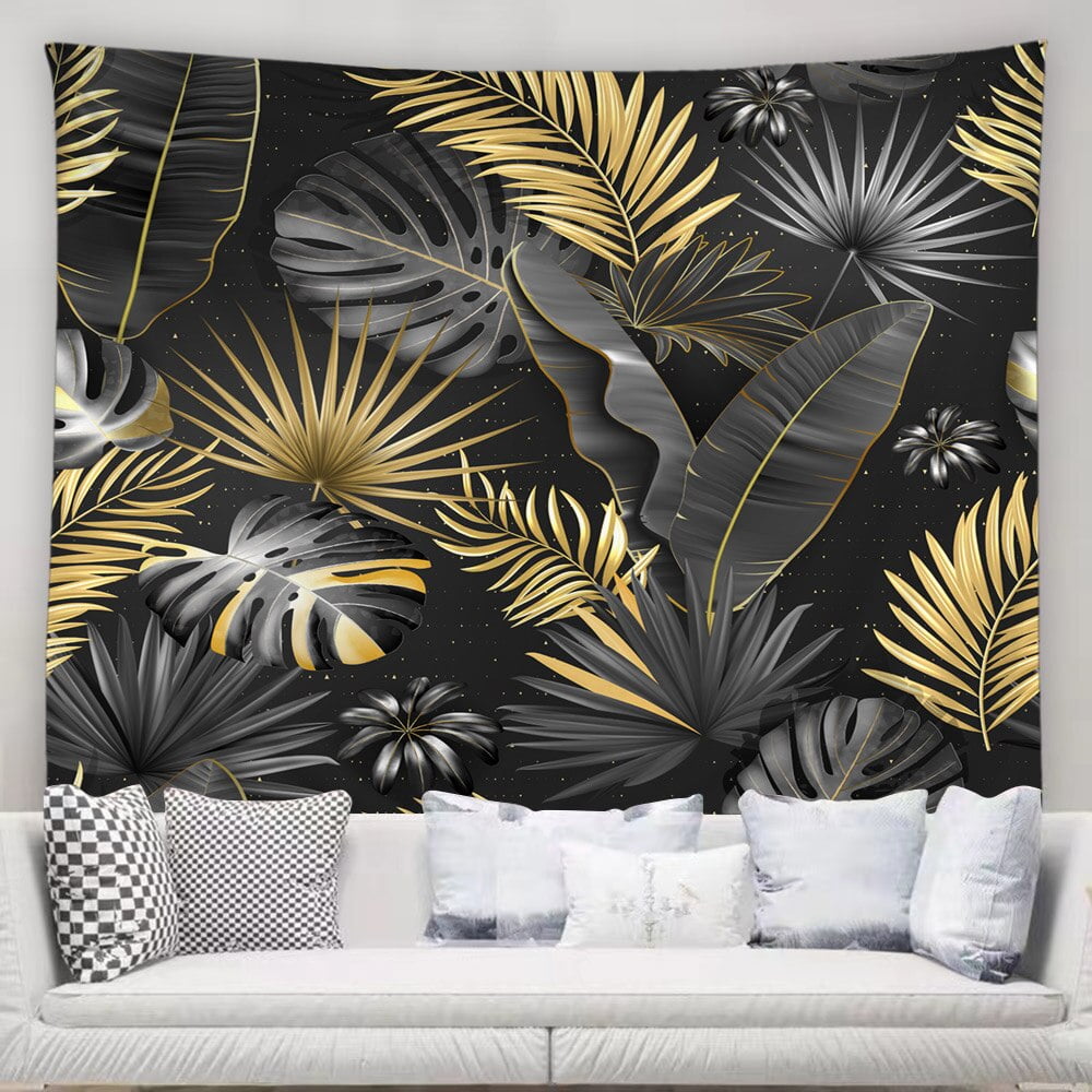 Golden Palm Leaf Tapestry Black Background Tropical Plant Turtleback ...