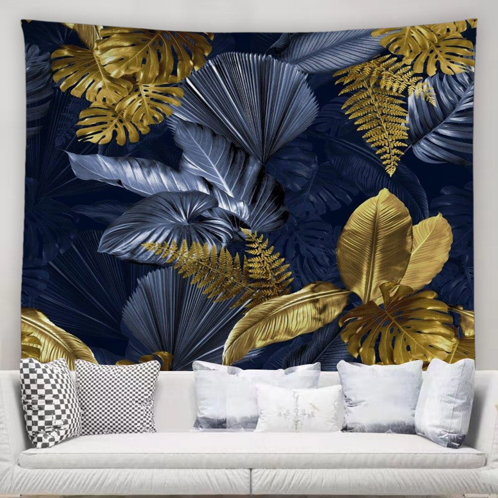 Golden Palm Leaf Tapestry Black Background Tropical Plant Turtleback ...