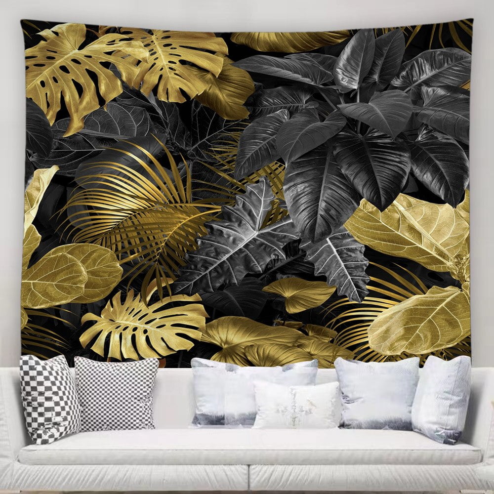 Golden Palm Leaf Tapestry Black Background Tropical Plant Turtleback ...