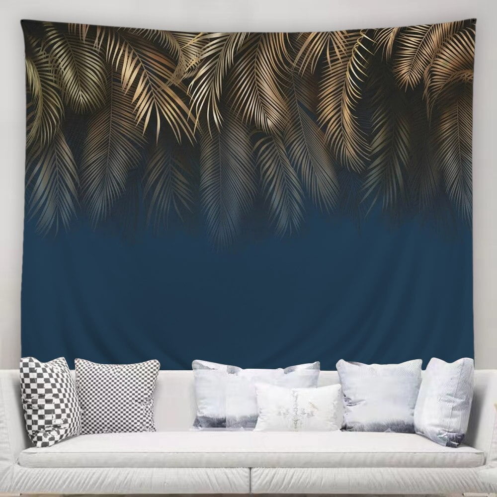 Golden Palm Leaf Tapestry Black Background Tropical Plant Turtleback ...