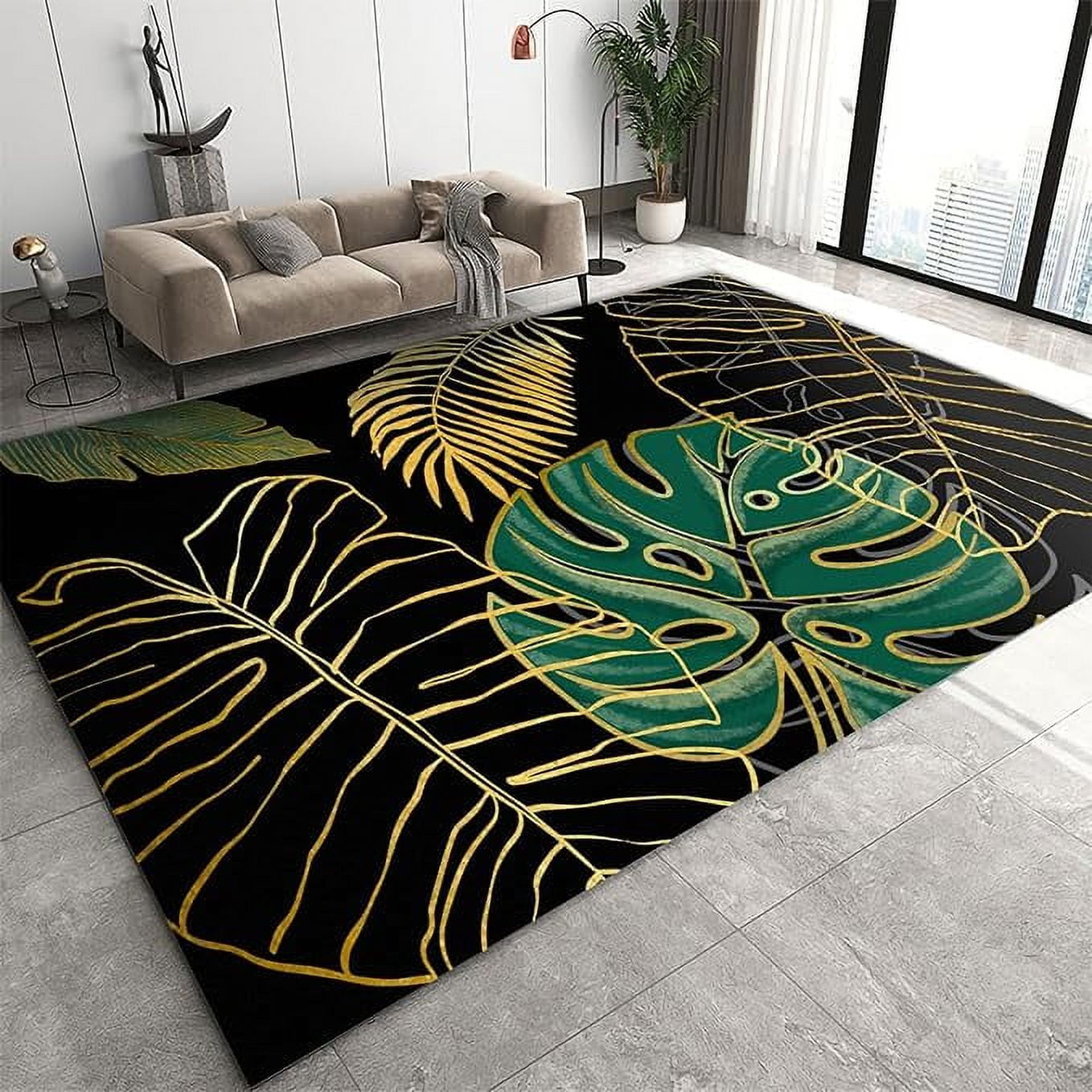Golden Palm Leaves Area Rug, Tropical Plants Bedroom Rug, Easy Clean ...