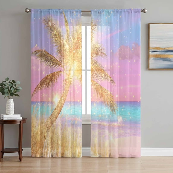 Golden Palm Tree Sheer Curtains 84 Inch Length 2 Panels Set, Rainbow ...