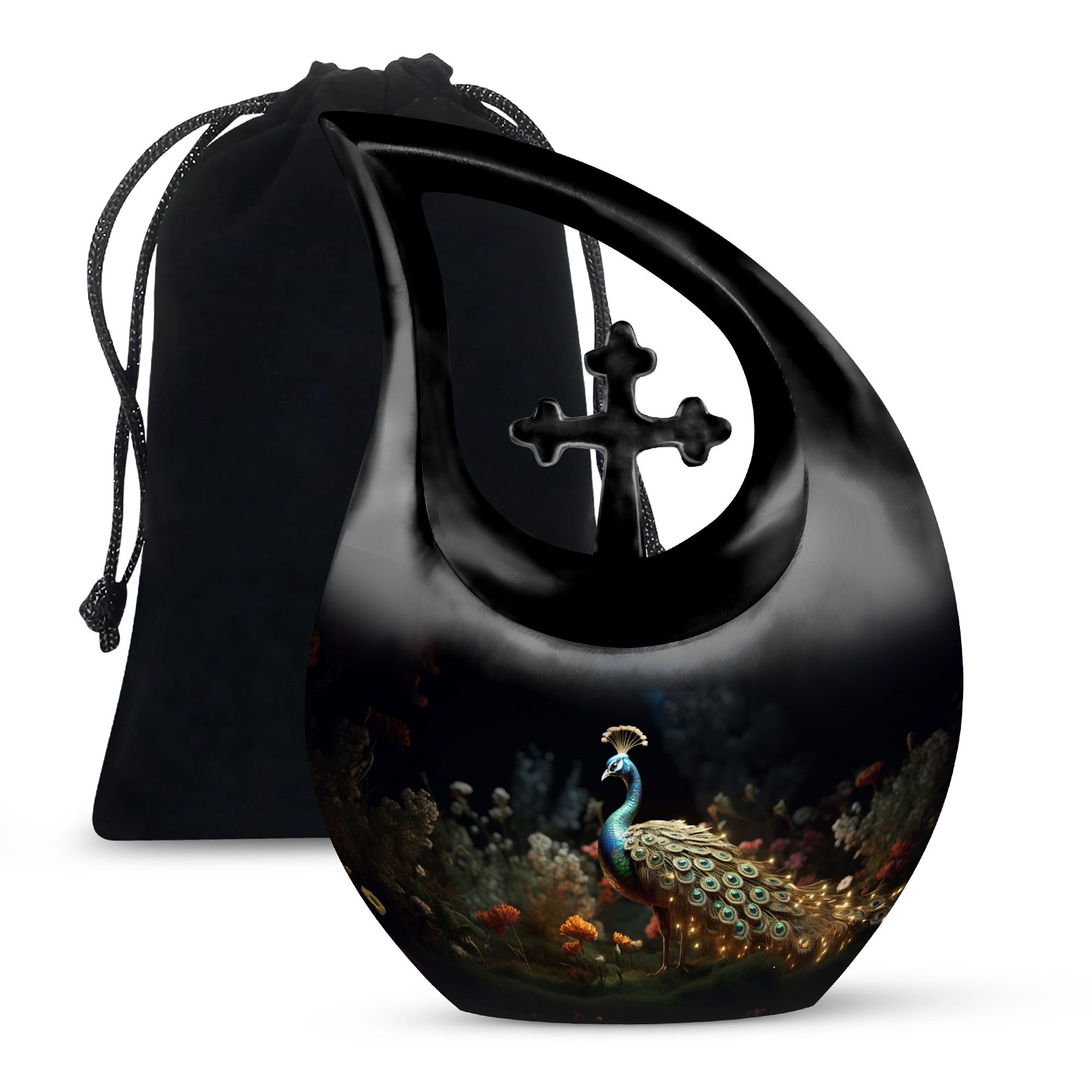 Golden Peacock in Blooming Forest - Funeral Urn for Ashes - Burial Urn ...