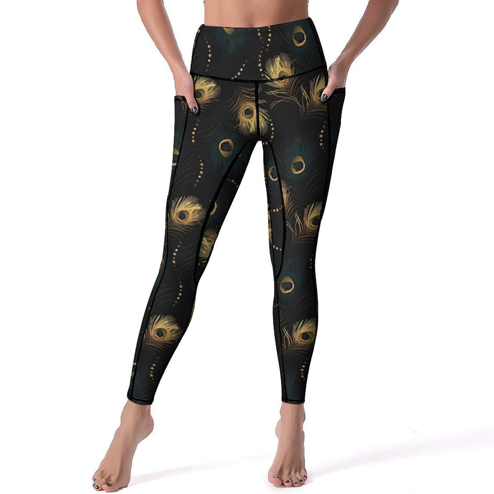 Golden Peacock Feather Yoga Pants Women Animal Leggings Push Up Novelty ...