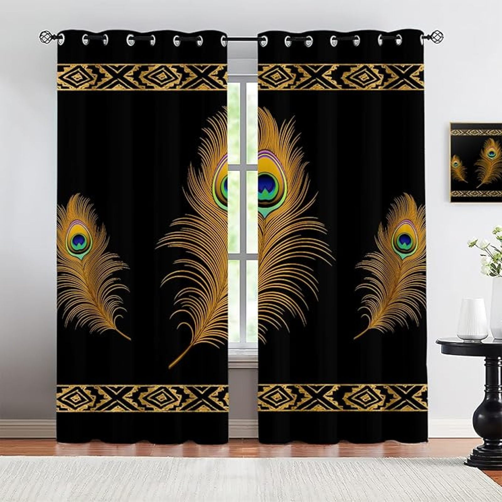 Golden Peacock Feathers Blackout Curtains, Retro Distressed Black Gold ...