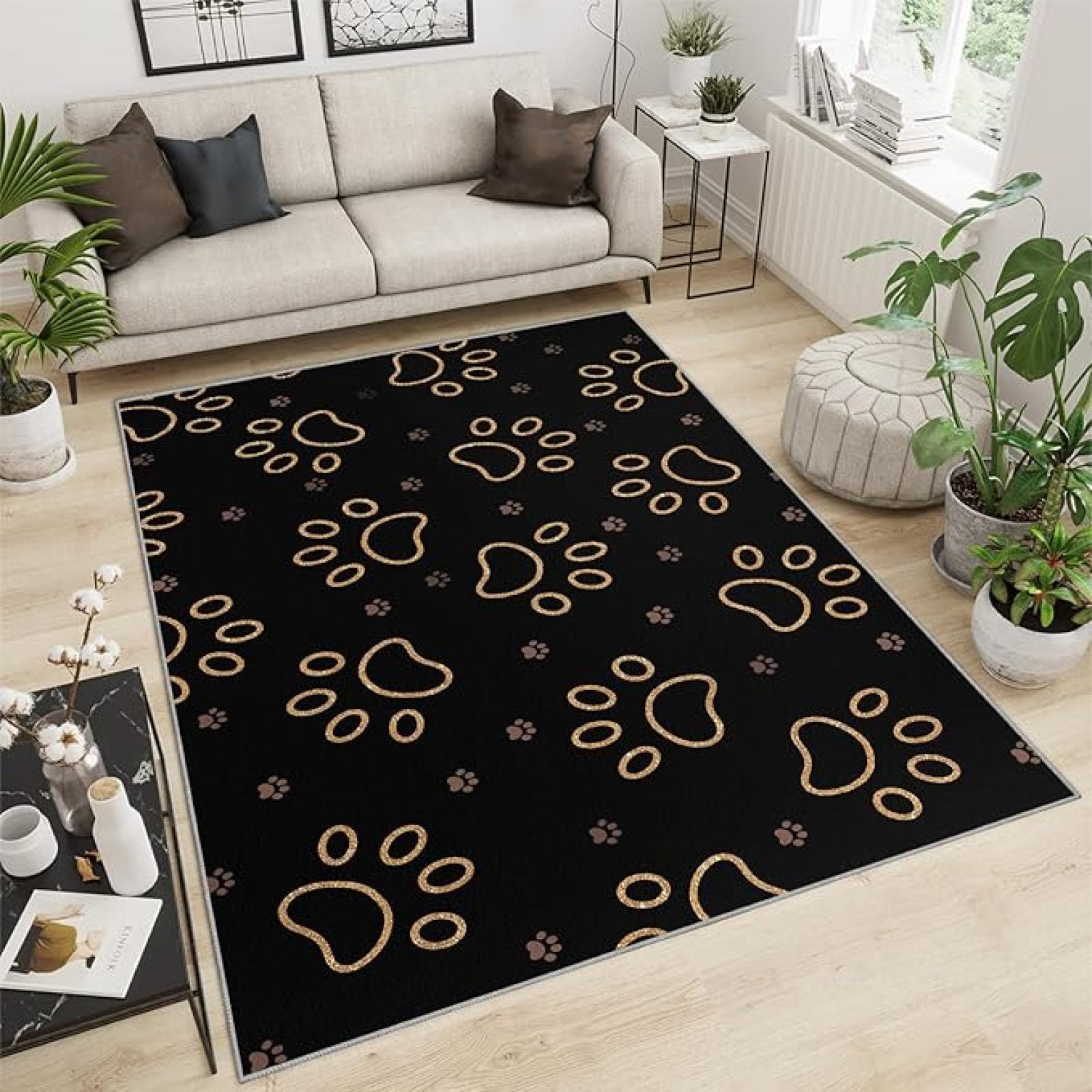 Golden Pet Paw Prints Area Rug, Black And Gold Cartoon Pattern Large ...