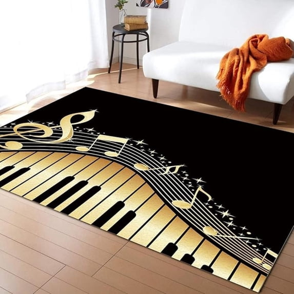Golden Piano Keys Area Rug, Sheet Music Musical Notation Print Large ...