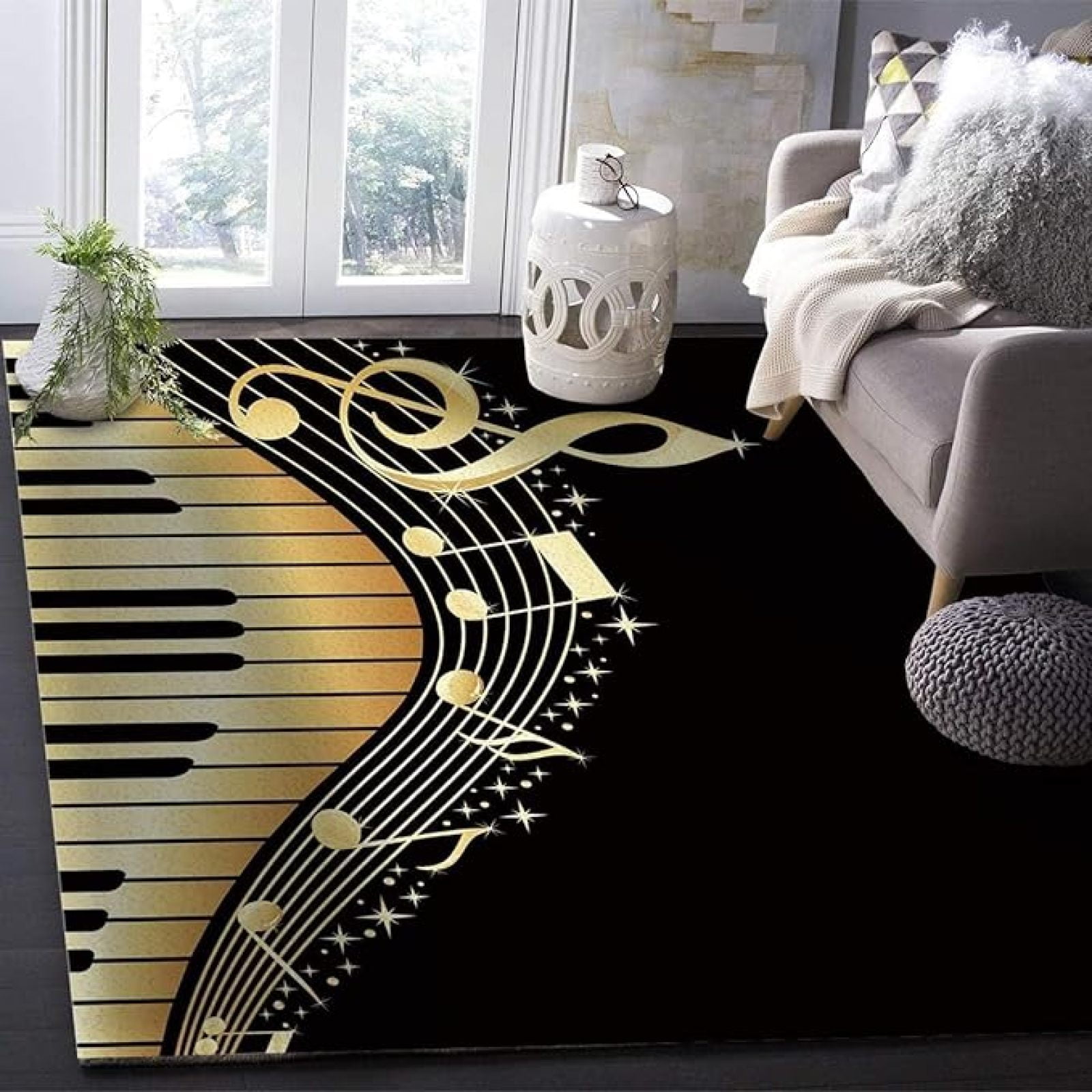Golden Piano Keys Musical Note Area Rug, Sheet Music Cartoon Print Rugs ...