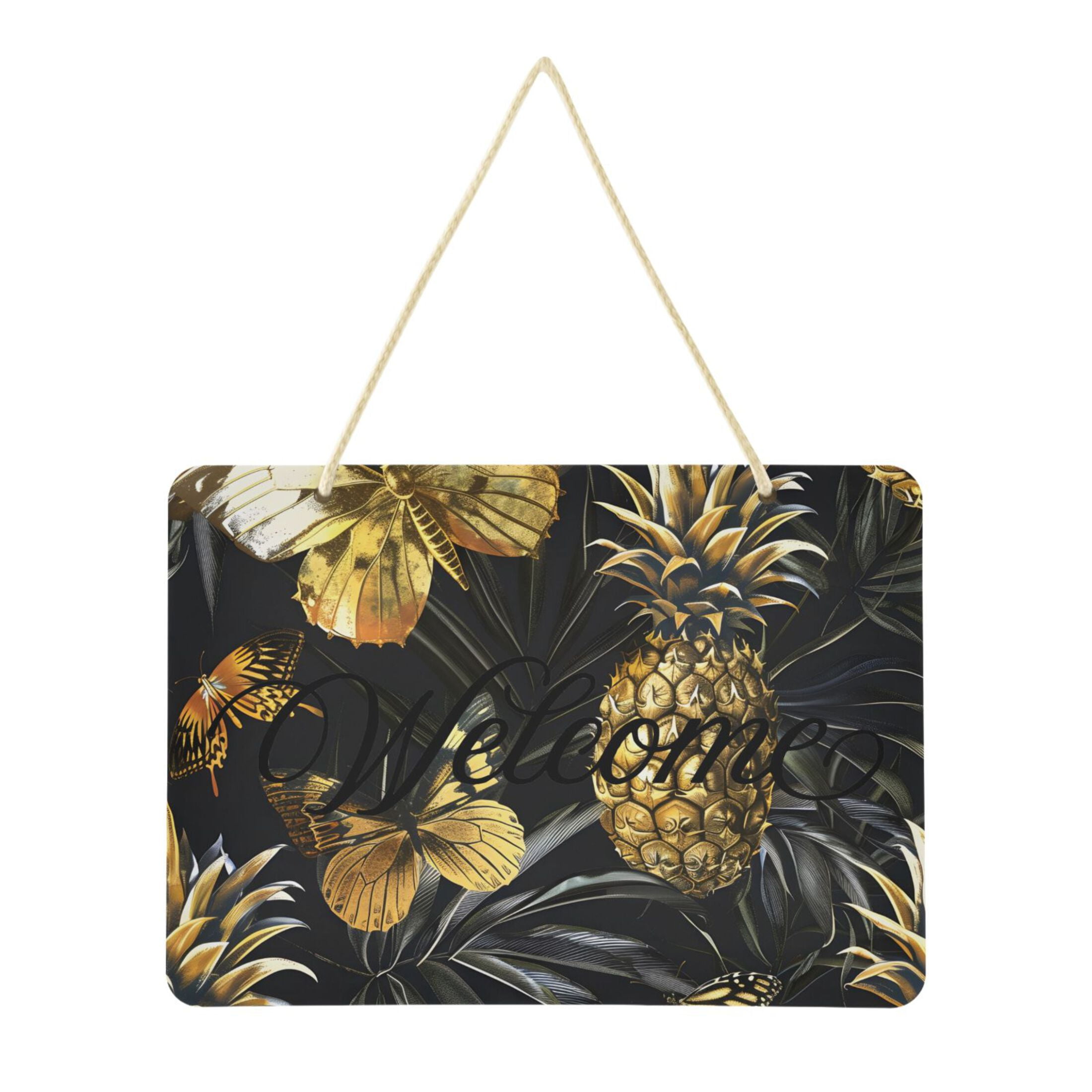 Golden Pineapples and Butterflies Welcome Sign Front Door PVC 14x10 ...