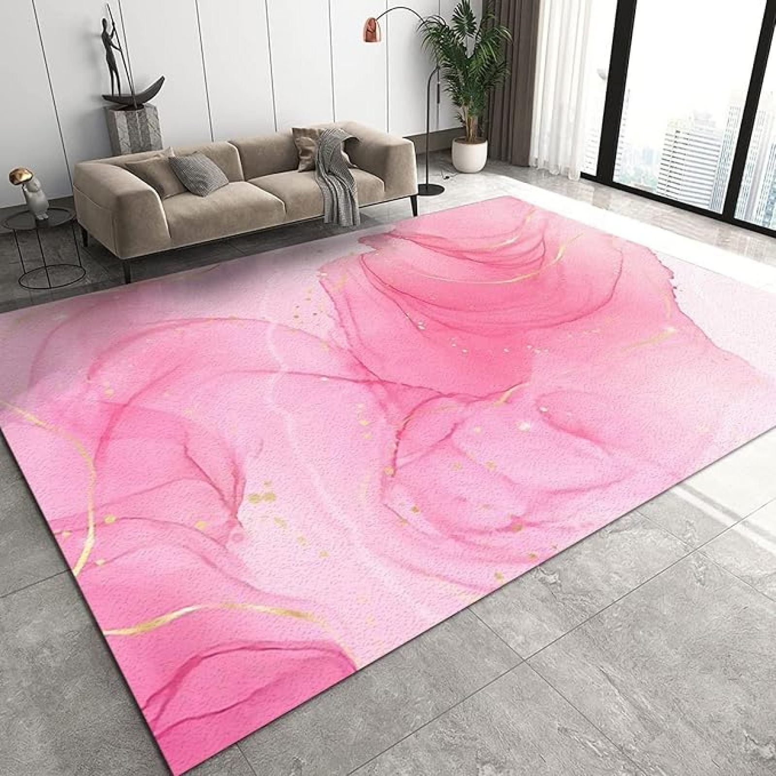 Golden Pink Marble Area Rug, Watercolor Pink Gilded Sand Art Home Decor Rug, Easy Clean Carpet ...