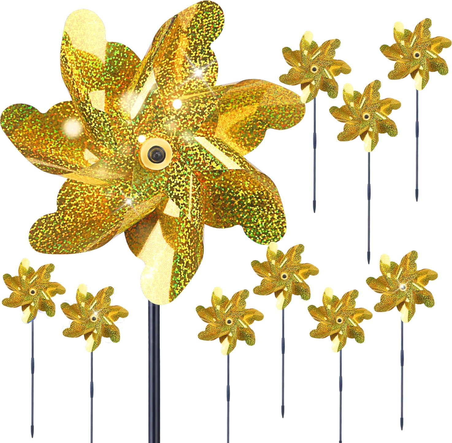 Golden Pinwheels for Garden, 10 Pack Reflective Wind Spinner to Scare ...