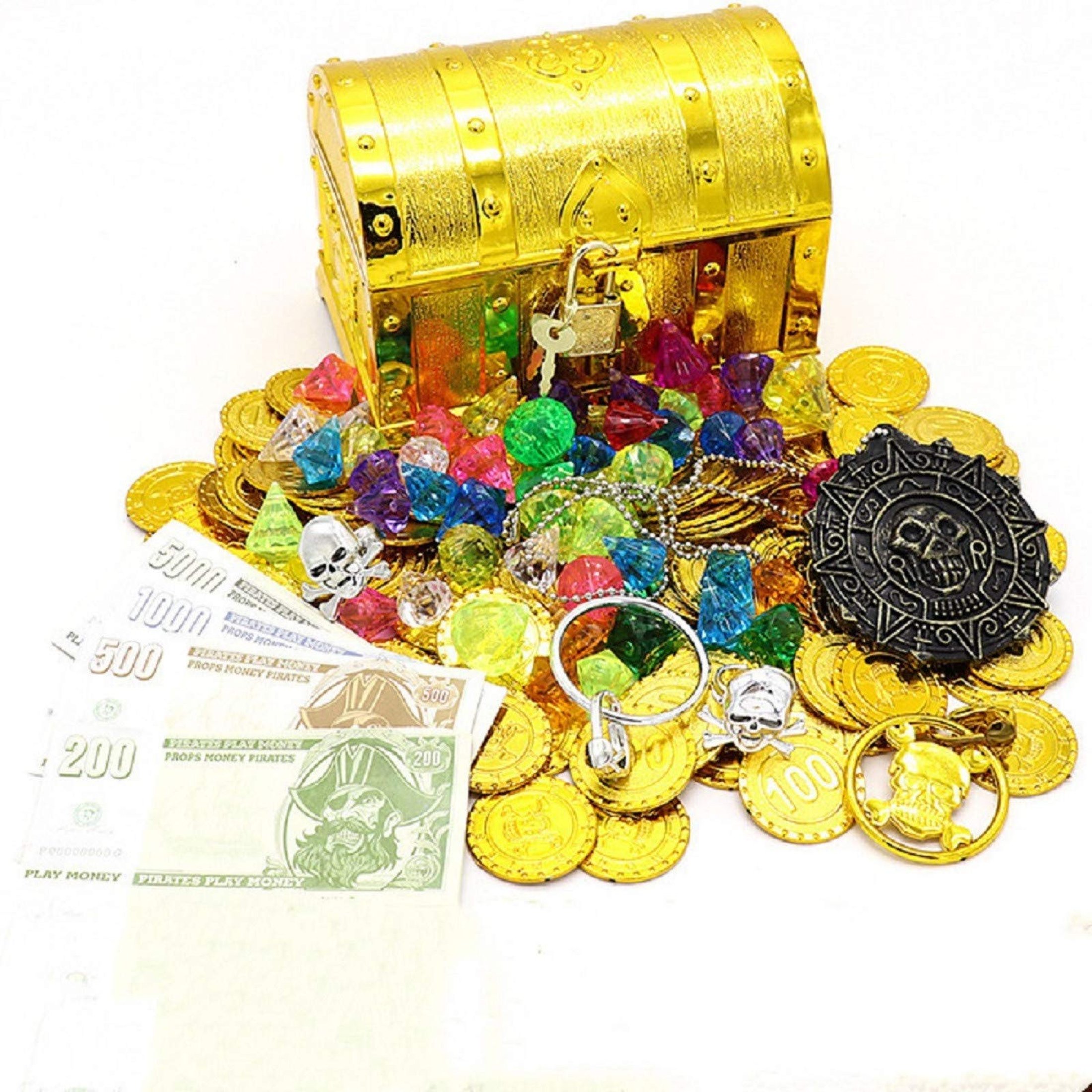 Golden Pirate Loot Chest - Party Favor Set with Plastic Coins, Gems ...