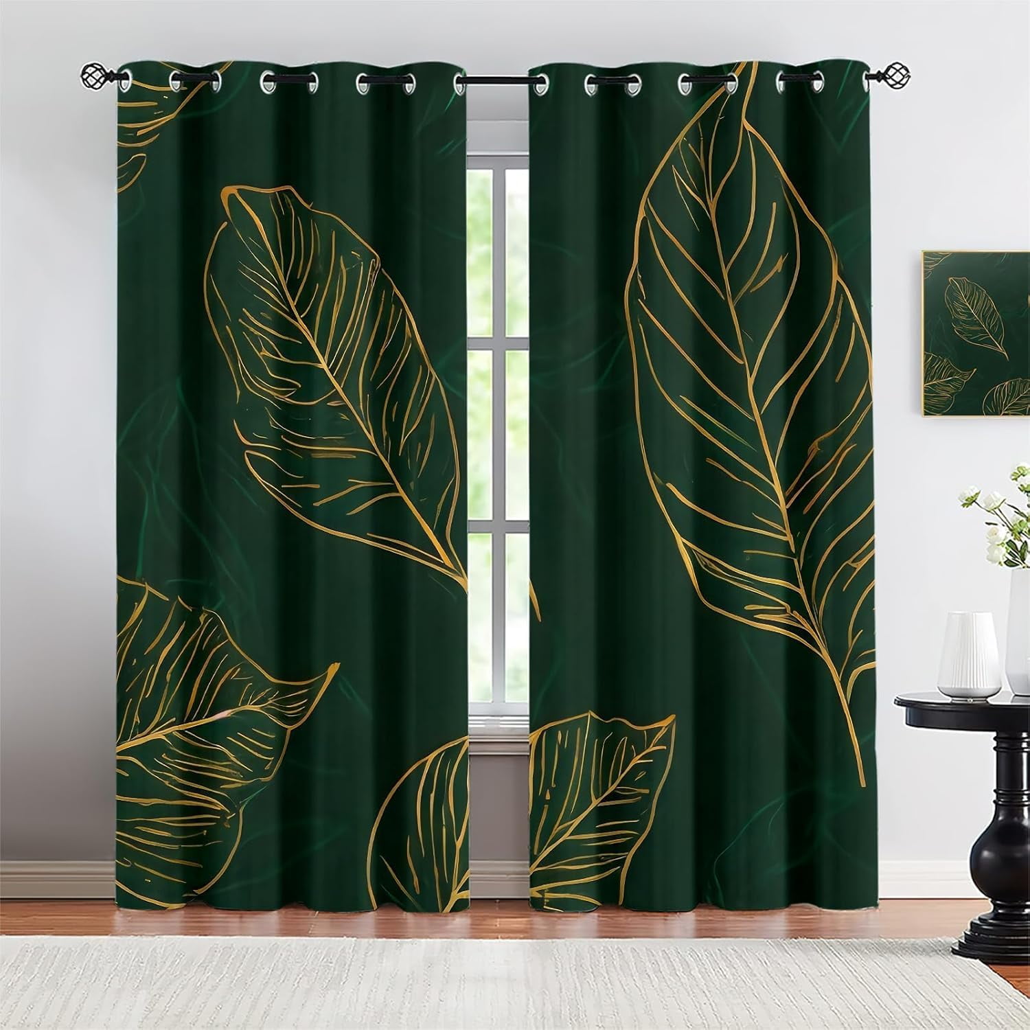 Golden Plant Leaves Decorative Window Curtains , Modern Dark Green ...