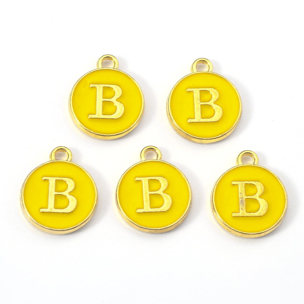 Golden Plated Alloy Enamel Charms Enamelled Sequins Flat Round with Letter Gold Letter.B ...