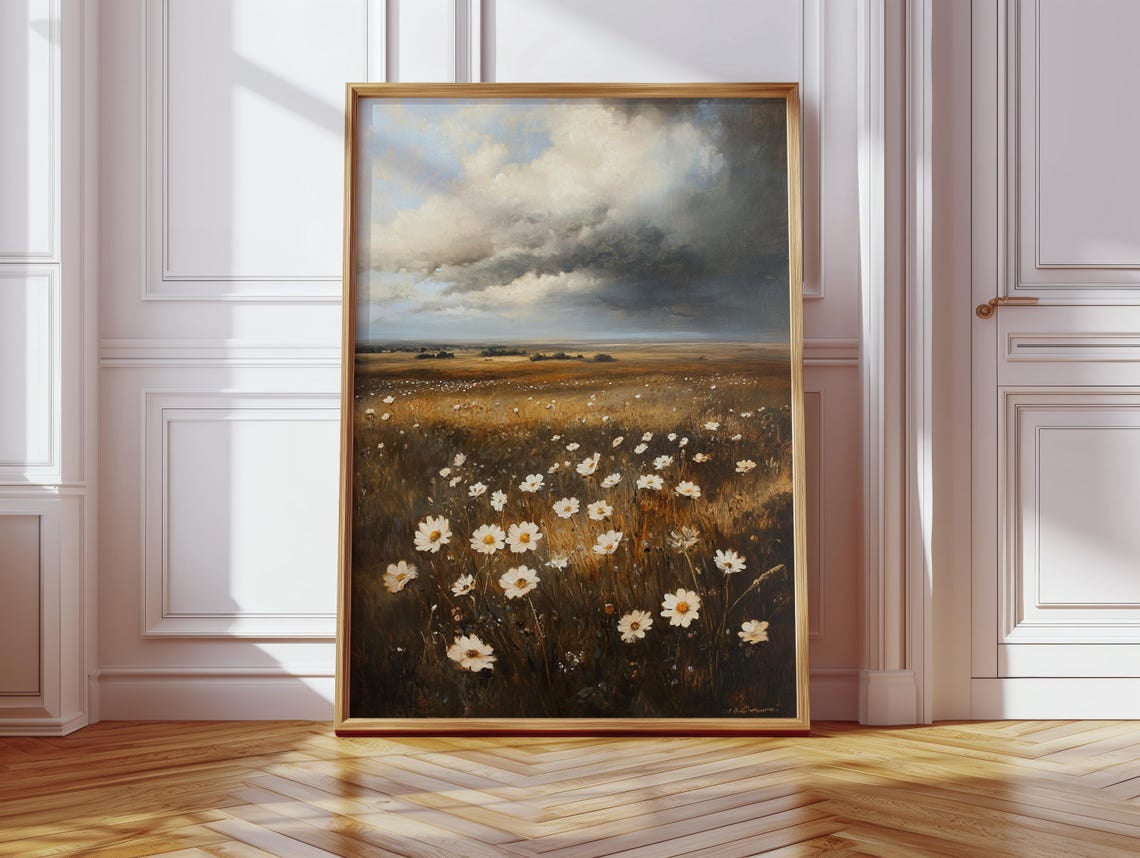 Golden Prairie Stormscape With Wild Daisies – Moody Floral Field Wall ...