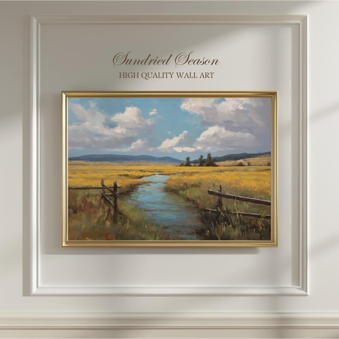 Golden Prairie Stream Art Print, Rustic Fence And Open Field Landscape ...