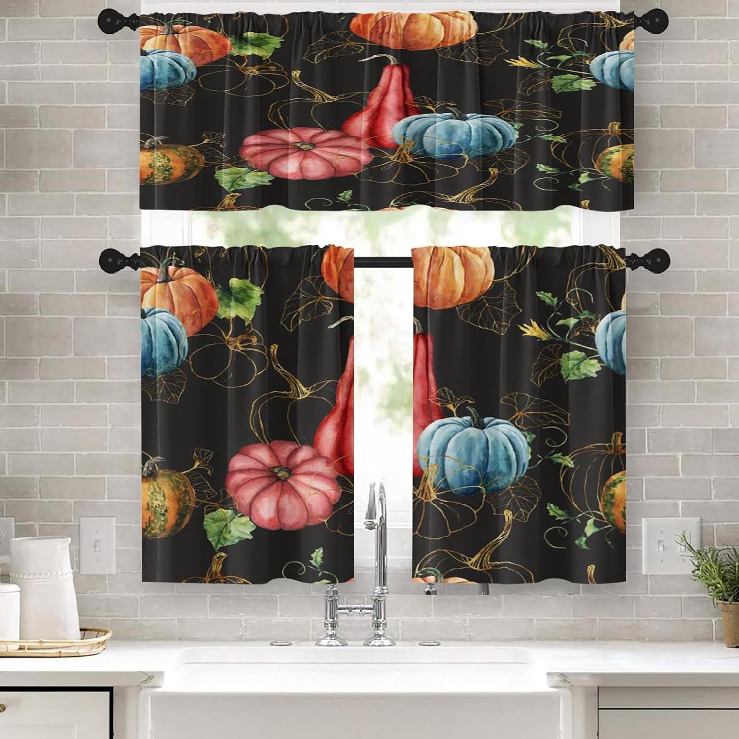 Golden Pumpkins Leaves Kitchen Curtains Window Curtains Valance and ...