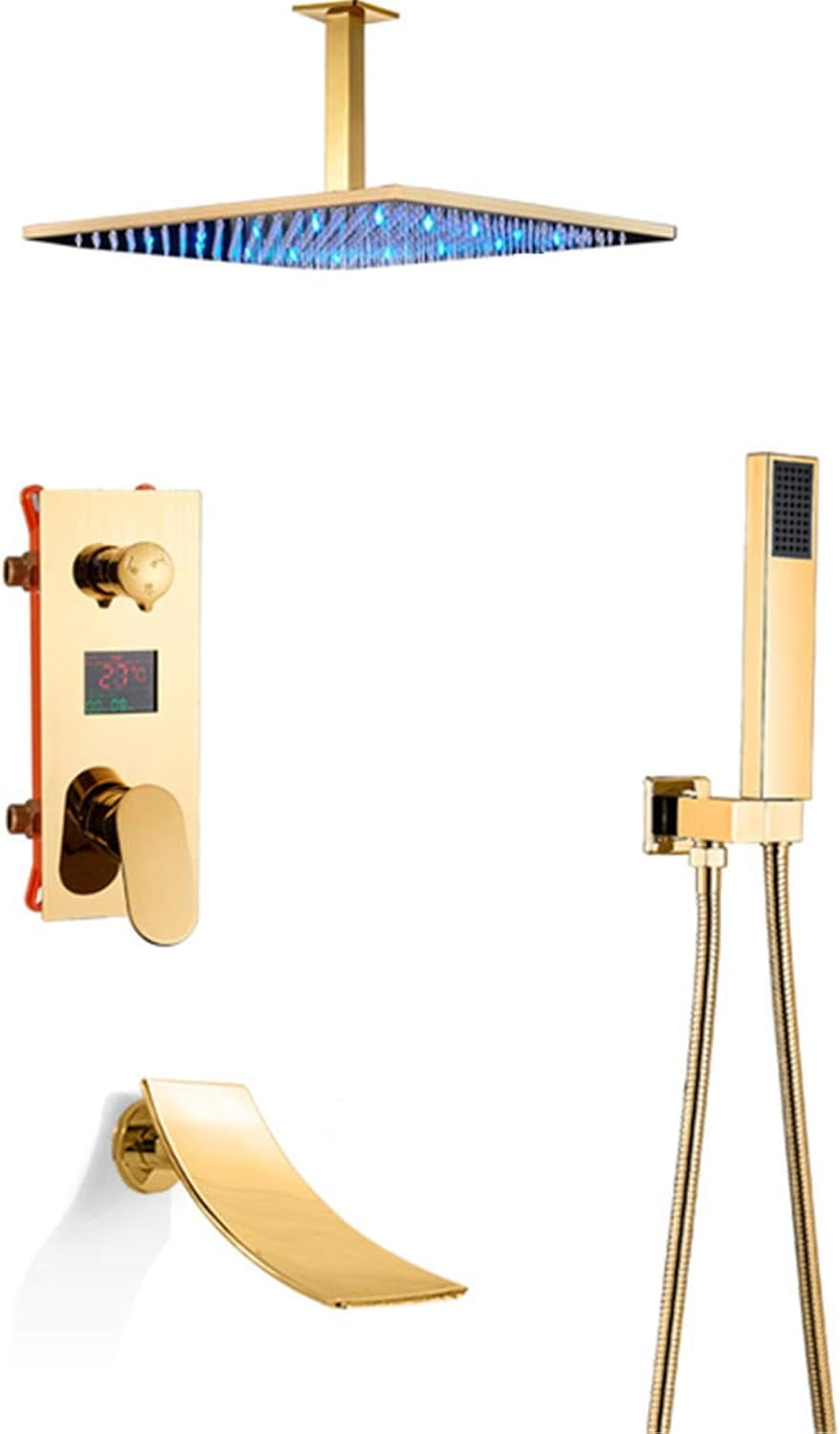 Golden Rainfall Shower Faucet, LED Light Shower Set, Waterfall Ceiling Mounted Shower Mixer ...