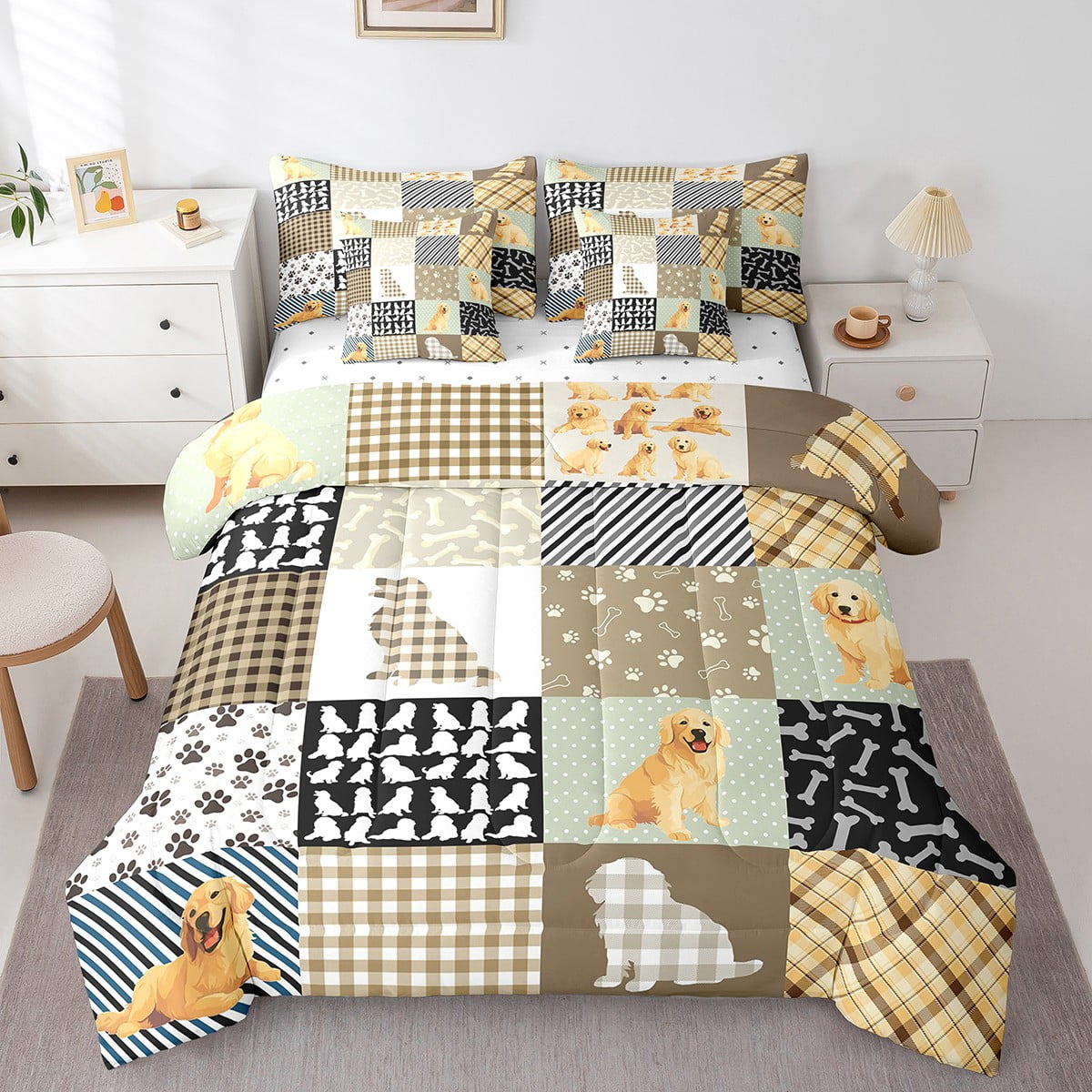 Golden Retriever Bed in a Bag King,Kawaii Puppy Dog Comforter Set 7 Pcs ...