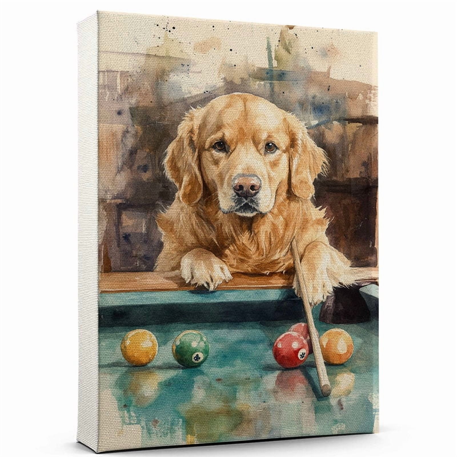 Golden Retriever Dog Playing Billiards Wall Canvas – Golden Retriever ...