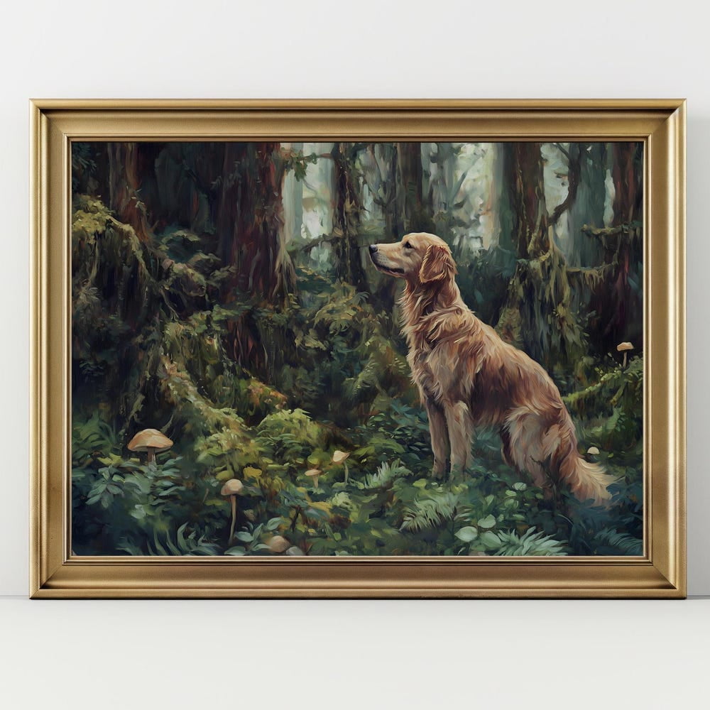 Golden Retriever Forest Wall Art Print Mystical Dog In Woods Painting ...