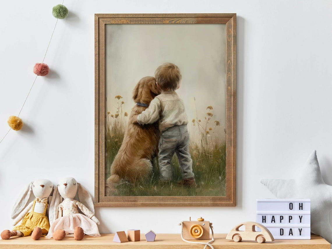 Golden Retriever Nursery Decor, Boy & Golden Retriever Painting, Dog ...