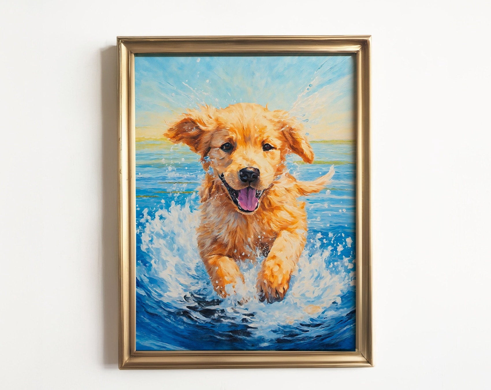Golden Retriever Puppy Art Print | Puppy Splashing in Lake | Gift for ...